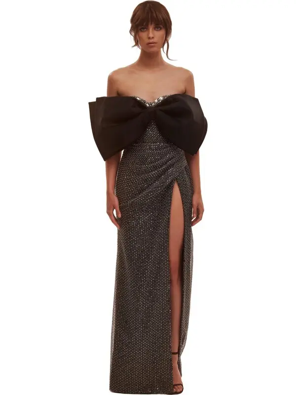 MILLA Rhinestone-embellished Maxi Gown With Bow Detail - Black