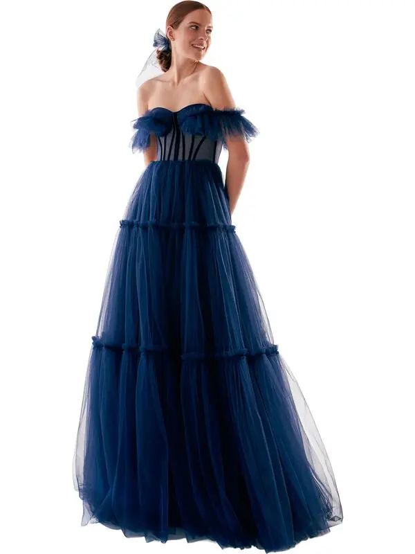 MILLA Tulle Maxi Dress With Ruffle Sleeves - Navy
