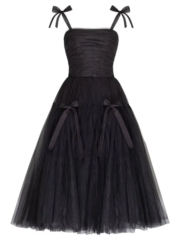 MILLA Tie-strap Tulle Midi Dress - Black