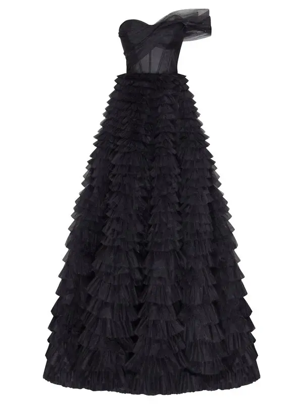 MILLA Timeless One-shoulder Frill-layered Ball Gown - Black