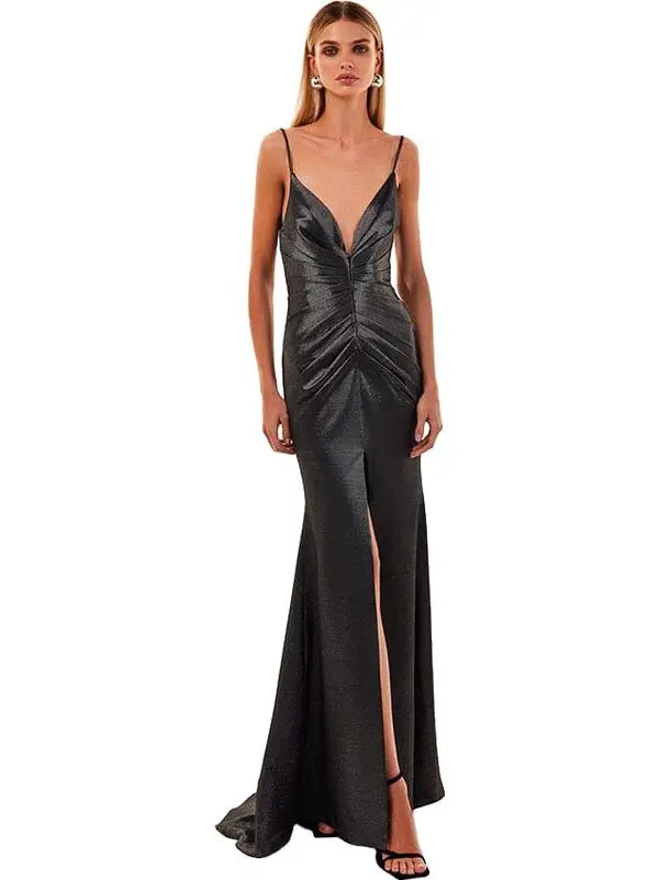 MILLA Fitted Maxi Dress With Slit - Gray