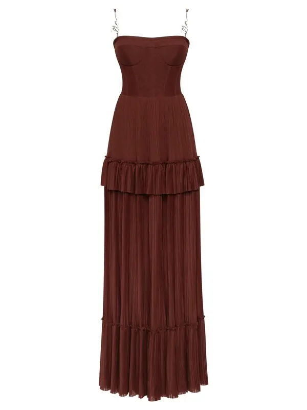 MILLA Spaghetti Strap Pleated Maxi Gown - Brown