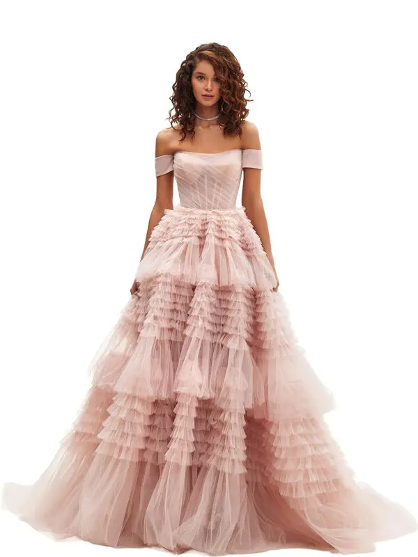 MILLA Off-the-shoulder Frill-layered Tulle Gown - Misty Rose