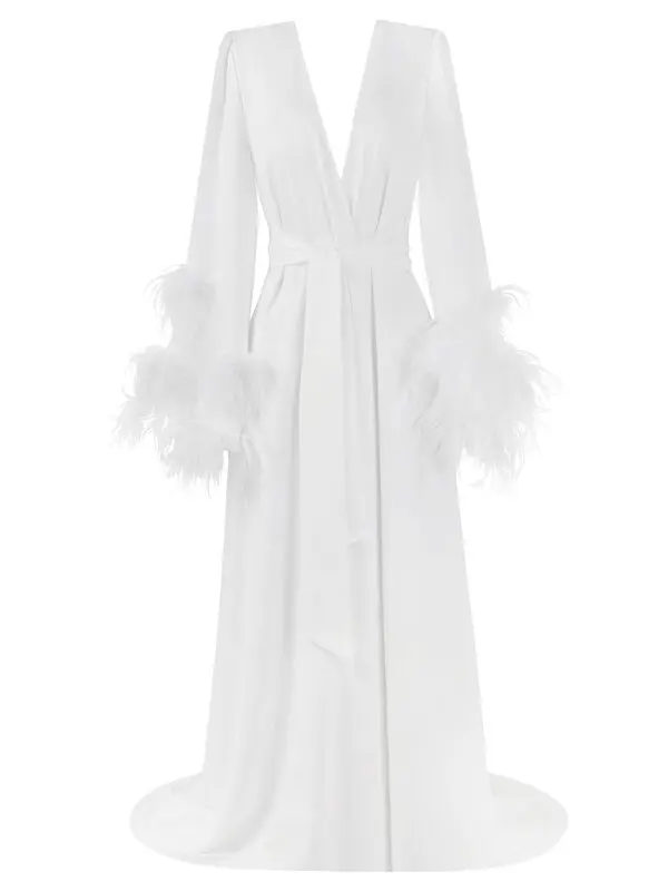 MILLA Feather-trimmed Satin Robe - White