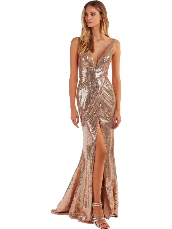 MILLA Sequined Lace Maxi Gown With Gloves - Golden
