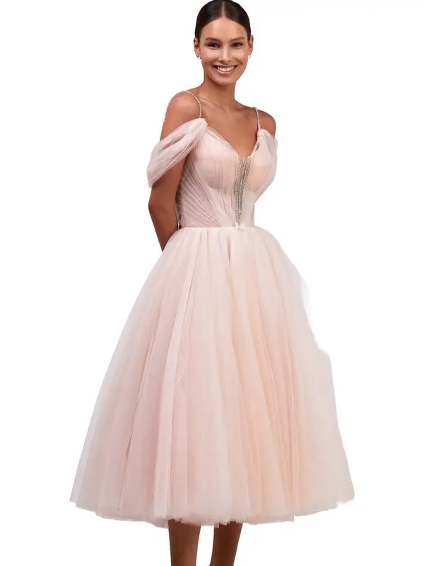 MILLA Tulle Cocktail Dress With Off-the-shoulder Sleeves - Peach