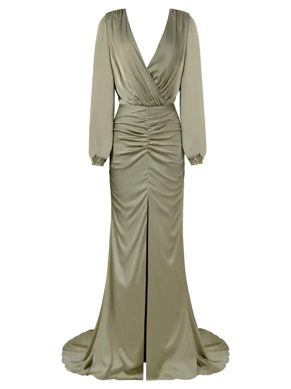 MILLA Silk Maxi Evening Dress - Olive