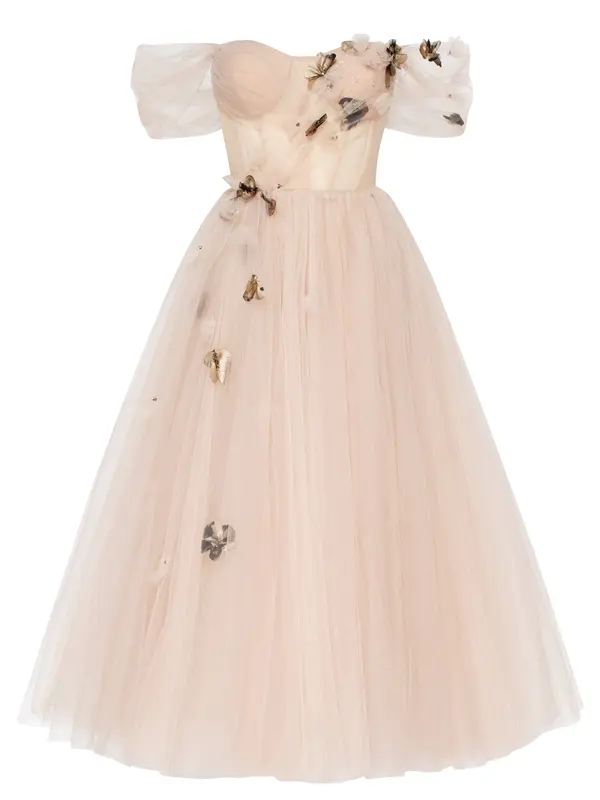 MILLA Off-the-shoulder Tulle Midi Gown - Beige
