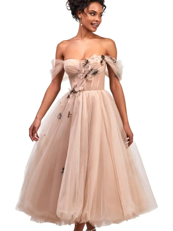 MILLA Off-the-shoulder Midi Tulle Gown - Beige