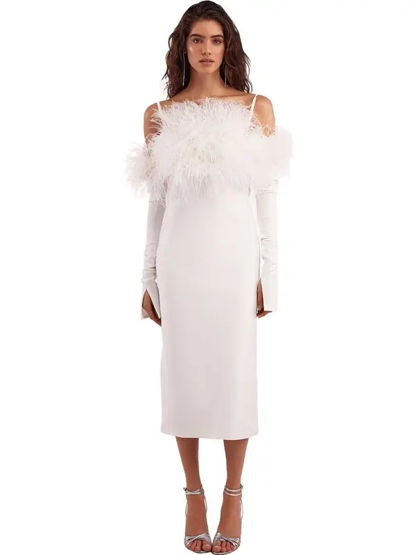 MILLA Feather-embellished Midi Dress - White