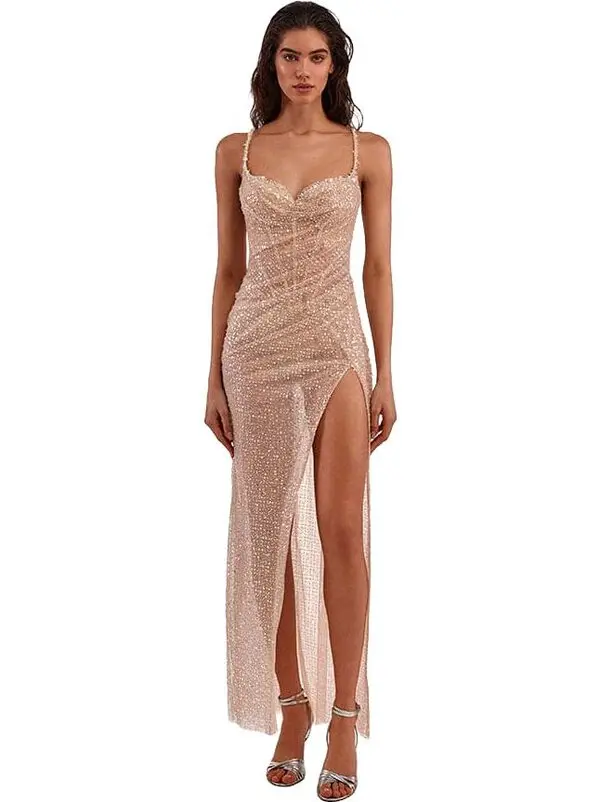MILLA Sensational Champagne Crystal-embellished Maxi Dress - Gold