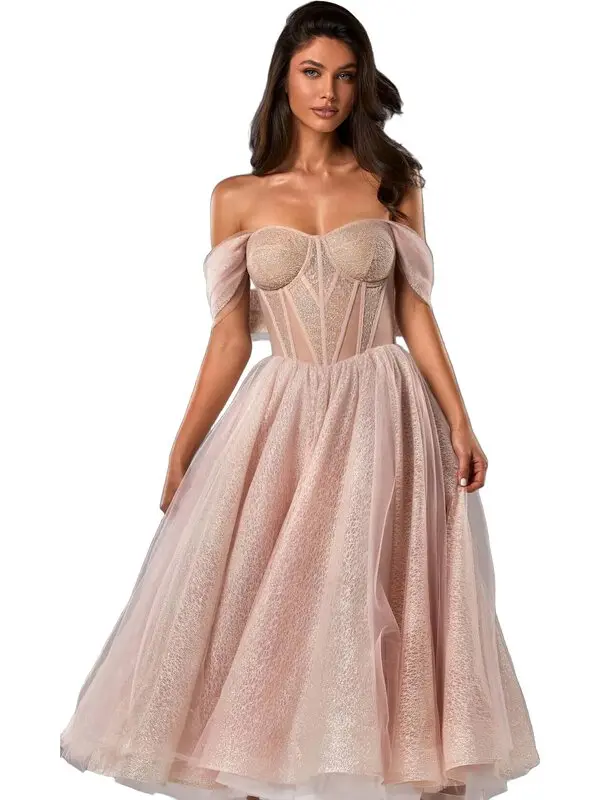MILLA Sparkly Cocktail Midi Tulle Dress - Misty Rose