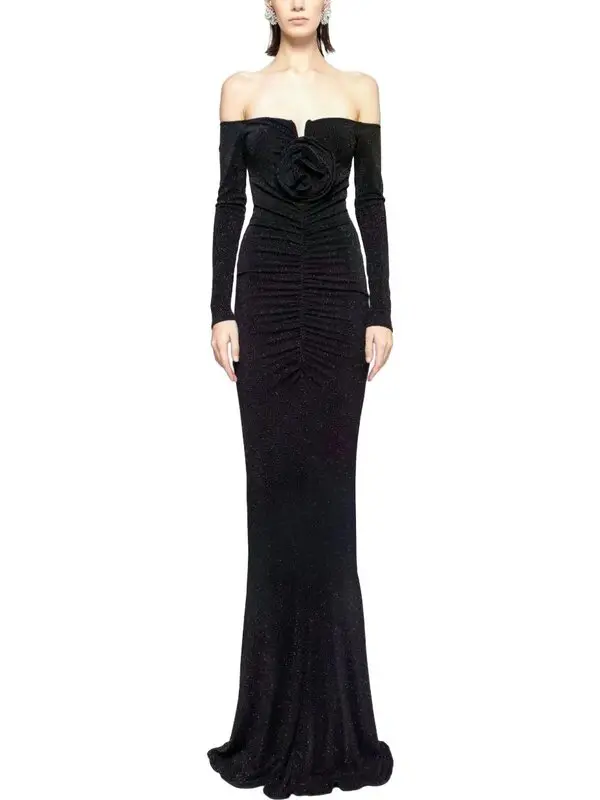 NISSA Floral-appliqué Glittered Gown - Black