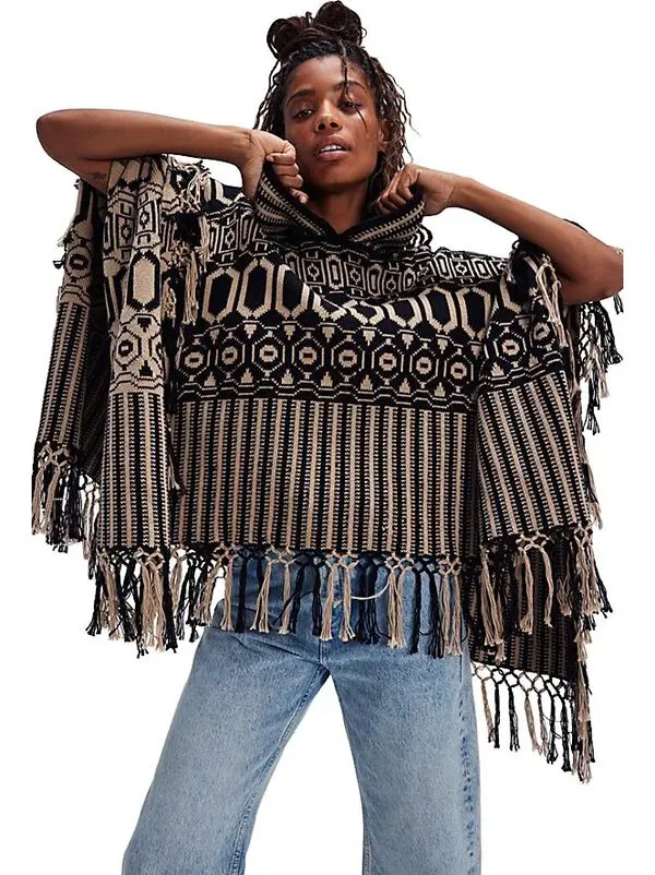 Free People Printed Cotton Poncho With Fringe - Brown