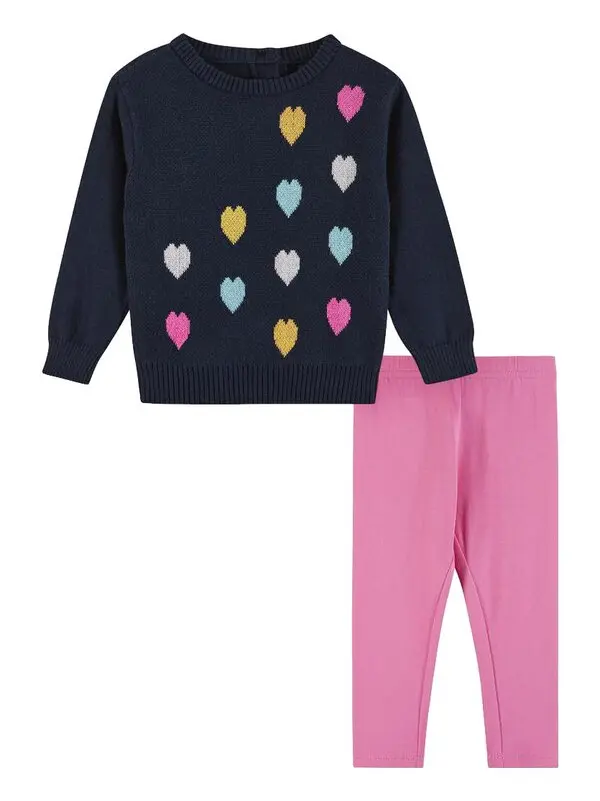 Andy & Evan Intarsia Heart Sweater And Leggings Set - Navy/ Pink
