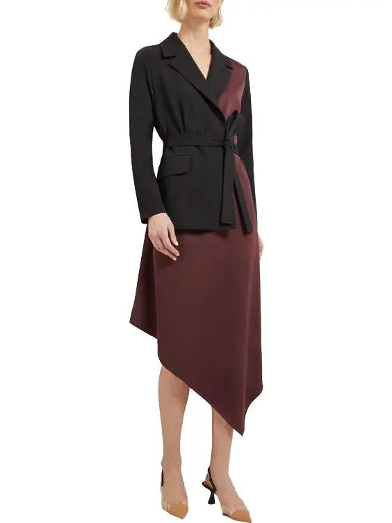 Misook Colorblock Tie Waist Long Sleeve Dress - Mahogany/black