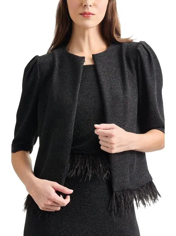 Misook Sparkle Feather Trim Jacket - Black