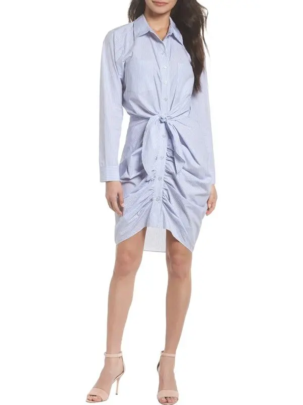 Chelsea28 Striped Ruched Shirt Dress With Tie Waist - Blue/white Stripe