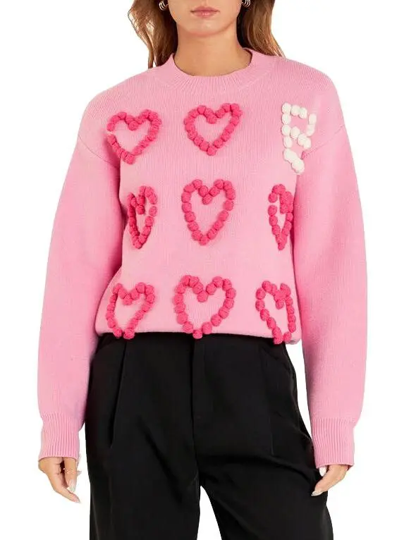 English Factory Pompom Heart Crewneck Sweater - Pink