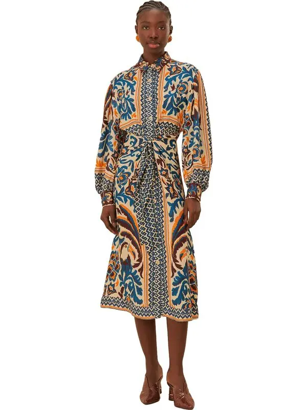 Farm Rio Printed Midi Shirt Dress - Toucans Scarf Sand
