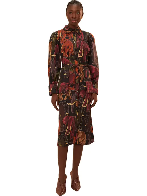 Farm Rio Elephants Long Sleeve Midi Dress - Elephants Brown