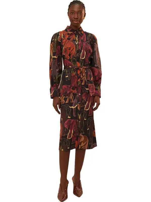 Farm Rio Elephants Long Sleeve Midi Dress - Elephants Brown