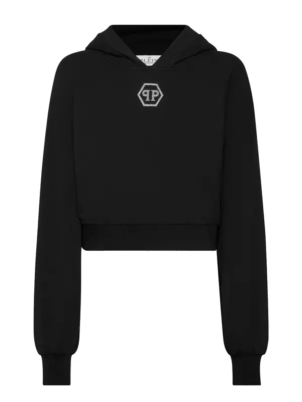 Philipp Plein Crystal Logo Cropped Hoodie - Black