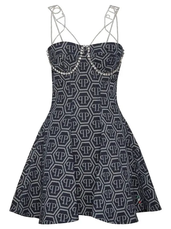 Philipp Plein Monogram-jacquard Denim Mini Dress - Blue