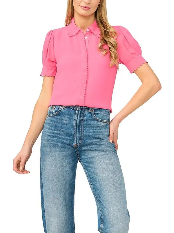 CECE DUPRAZ Scalloped Short Sleeve Shirt - Azalea