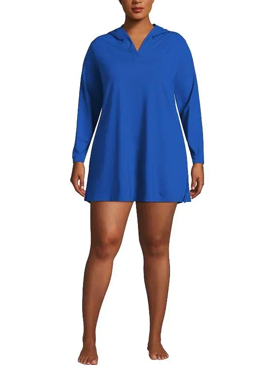 LANDS' END Cotton Jersey Long Sleeve Hooded Mini Dress - Bright Cobalt Blue