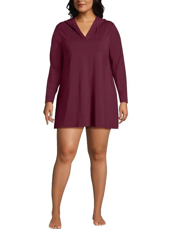 LANDS' END Cotton Jersey Long Sleeve Hooded Mini Dress - Burgundy Spritz