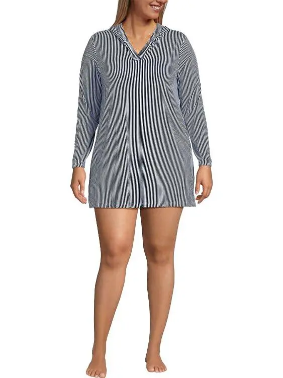 LANDS' END Sunshade Upf 50 Hooded Mini Swim Cover-up Dress - Deep Sea Navy Mini Stripe