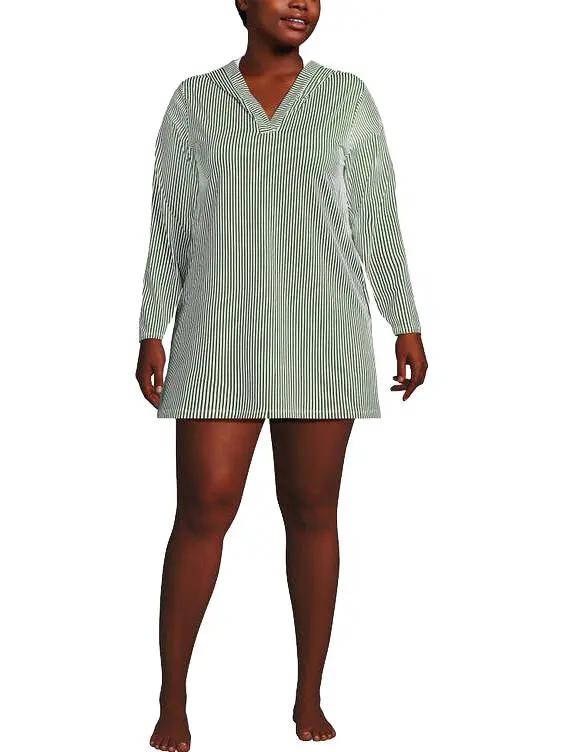 LANDS' END Cotton Jersey Long Sleeve Hooded Mini Dress - Fusion Green Mini Stripe