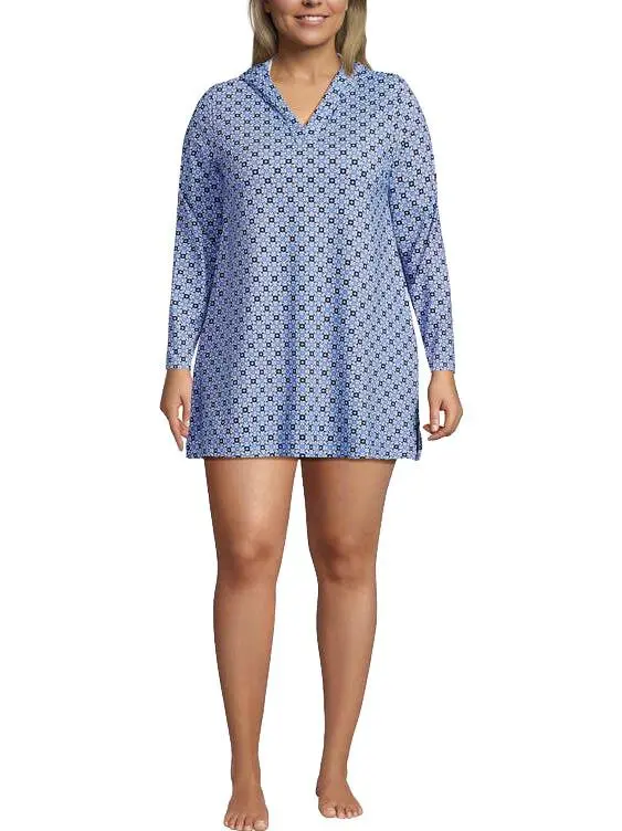 LANDS' END Sunshade Upf 50 Hooded Mini Swim Cover-up Dress - Lake Blue Geo Floral