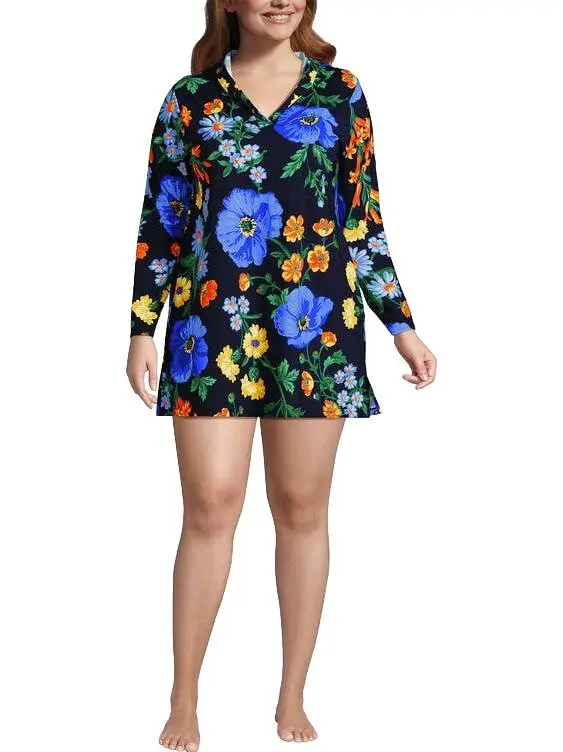 LANDS' END Cotton Jersey Long Sleeve Hooded Mini Dress - Navy/exploded Poppy Floral