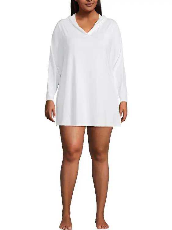 LANDS' END Cotton Jersey Long Sleeve Hooded Swim Cover-up Mini Dress - White
