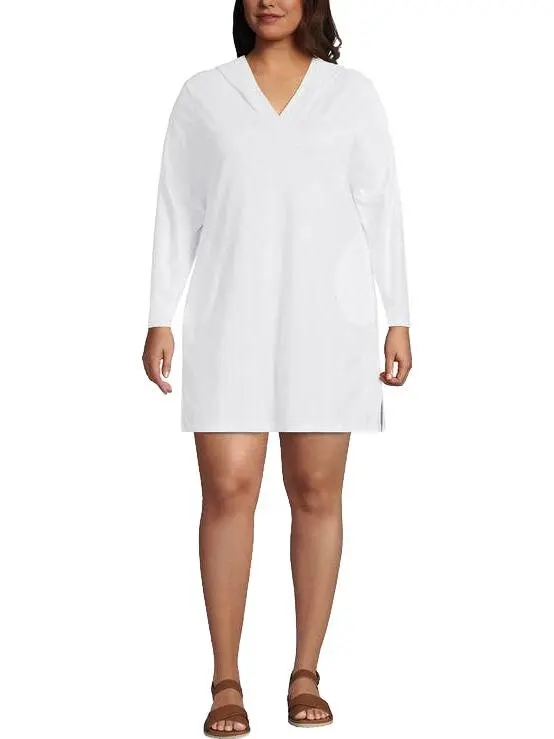 LANDS' END Cotton Jersey Long Sleeve Hooded Swim Cover-up Dress - White