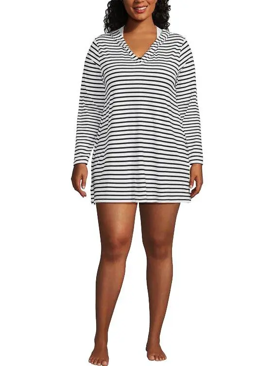 LANDS' END Cotton Jersey Long Sleeve Hooded Mini Dress - White/black Stripe