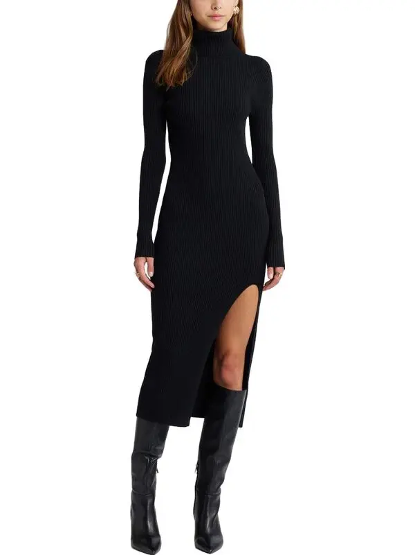 OPEN EDIT Ribbed Turtleneck Sweater Dress - Black