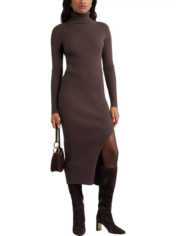 OPEN EDIT Ribbed Turtleneck Sweater Dress - Brown Seal