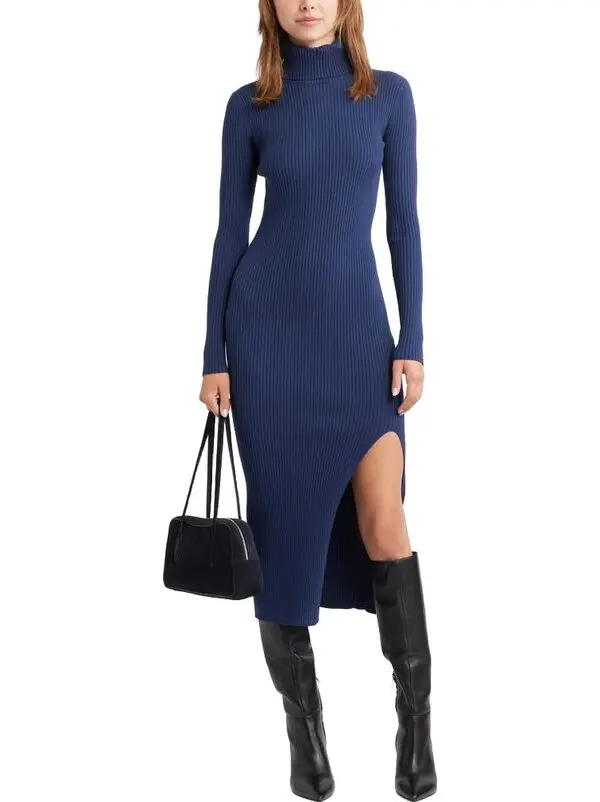 OPEN EDIT Ribbed Turtleneck Sweater Dress - Navy Iris