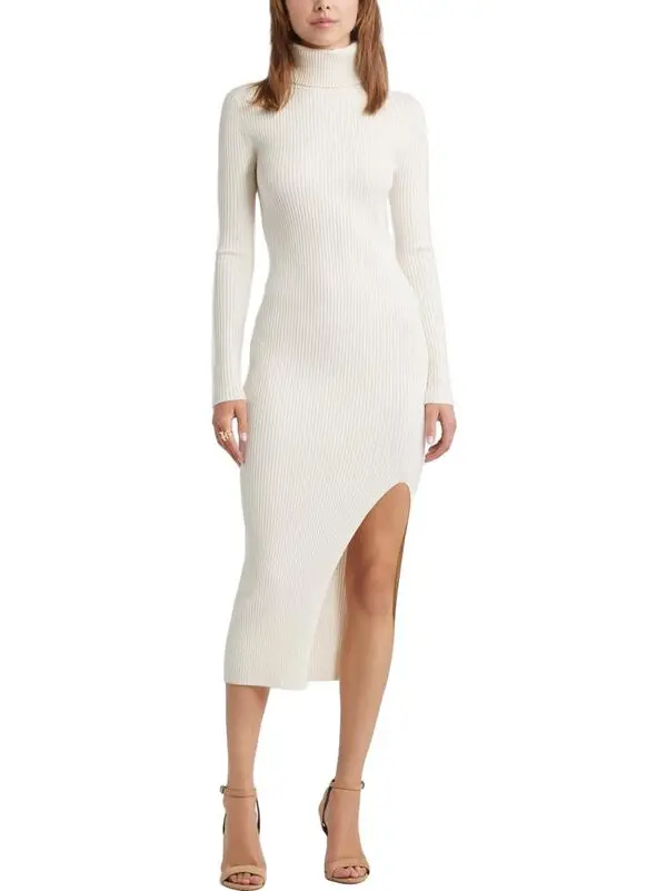 OPEN EDIT Ribbed Turtleneck Sweater Dress - White Whisper