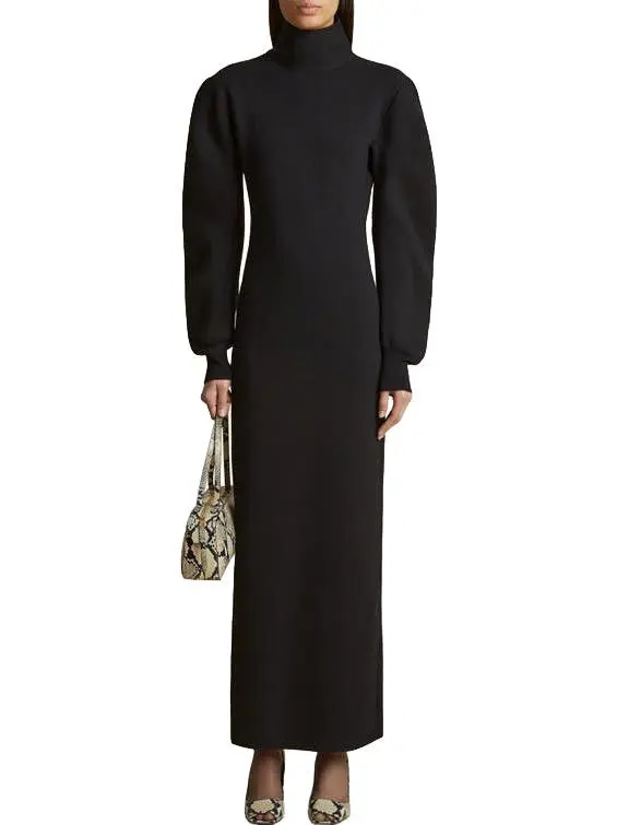 Khaite Storm Long Sleeve Merino Wool Blend Turtleneck Sweater Dress - Black