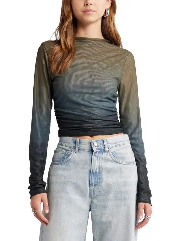 OPEN EDIT Ruched Mock Neck Mesh Top - Olive Multi Ombre
