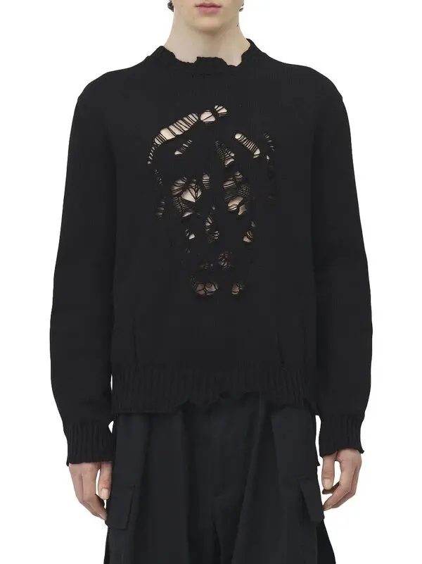 Alexander McQueen Distressed Skull Crewneck Cotton Sweater - Black