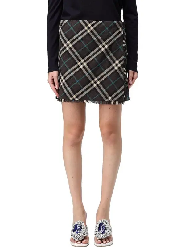 Burberry Plaid Skirt With Raw Edge Hem - Green