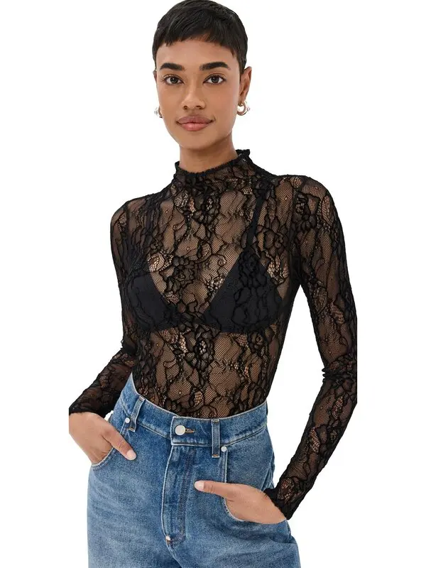 Good American Lace Long Sleeve Bodysuit - Black001