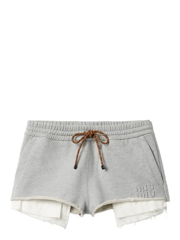 Miu Miu Cotton Fleece Shorts With Embroidered Logo And Raw-cut Hem - Grey