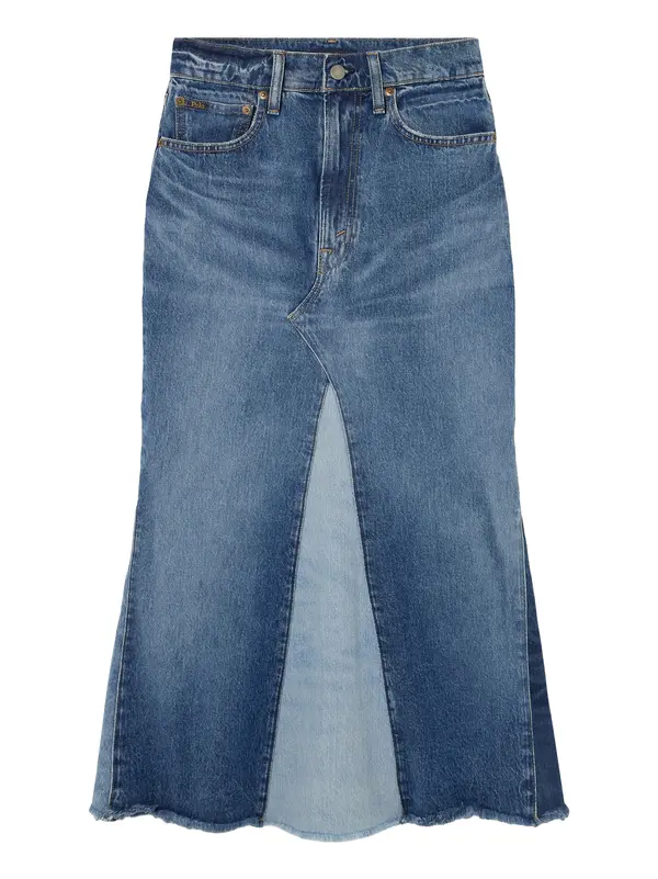 Polo Ralph Lauren Frayed Paneled Denim Midi Skirt - Blue