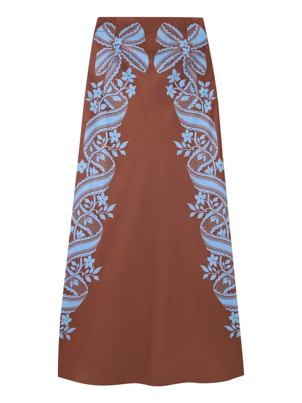 La DoubleJ Sleek Printed Satin Midi Skirt - Brown
